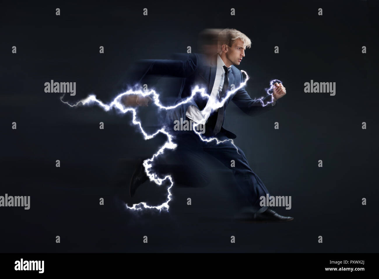 Fast business. Running businessman charged with lightning, concept ...
