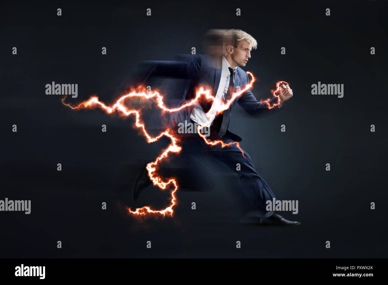 Fast business. Running businessman charged with lightning, concept ...