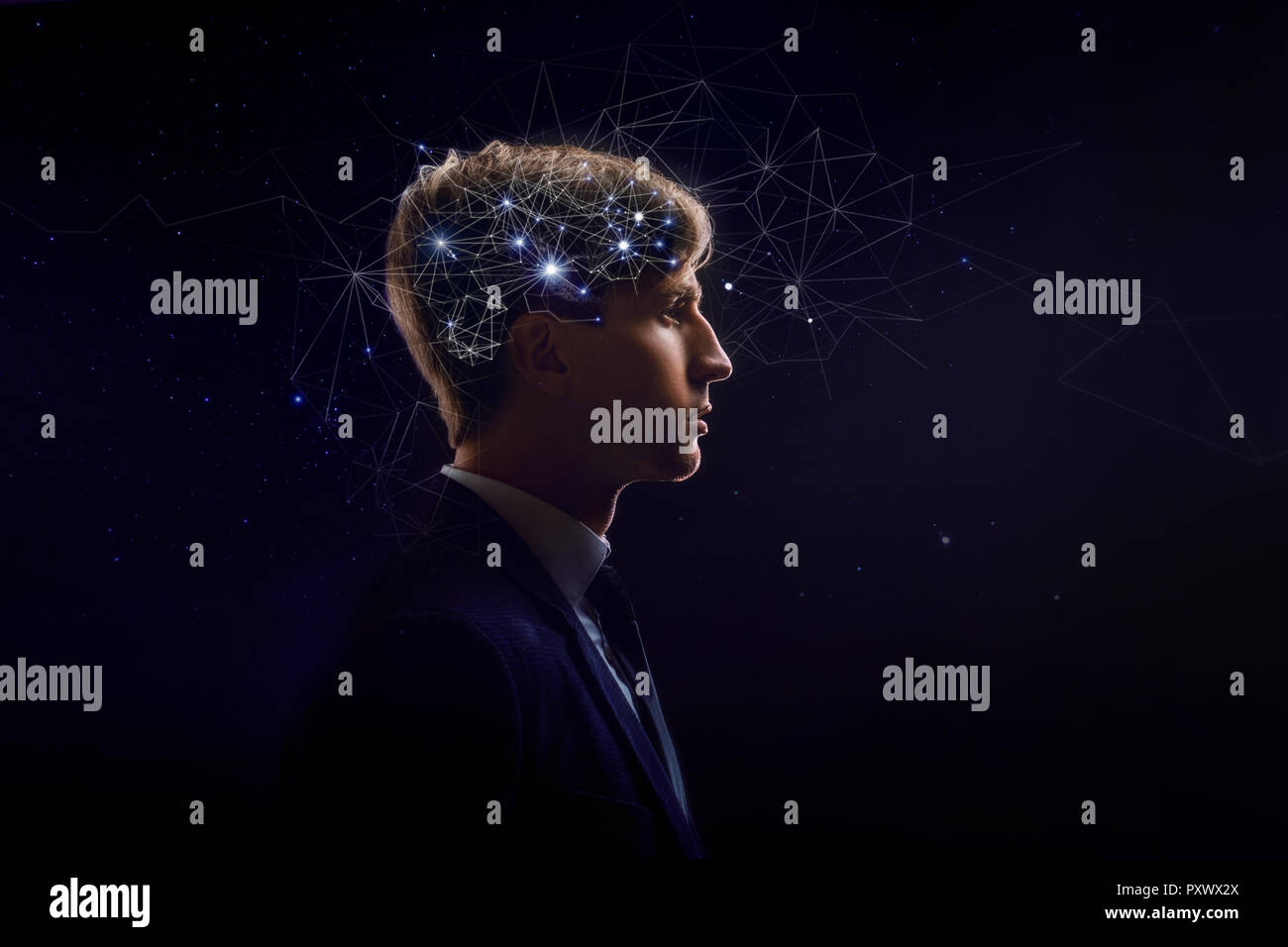 Profile of man with symbol neurons in brain. Thinking like stars, the ...