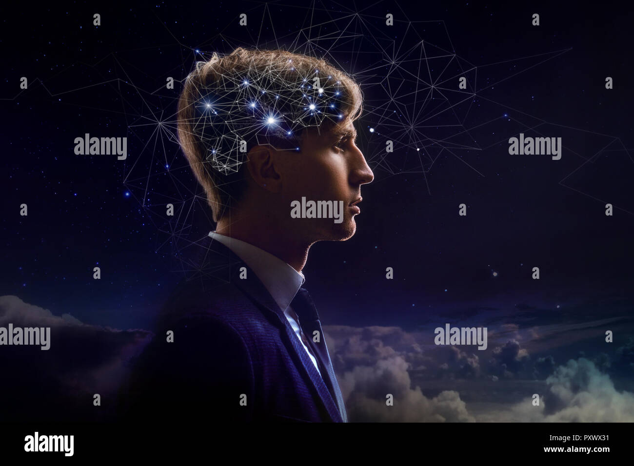 Profile of man with symbol neurons in brain. Thinking like stars, the ...