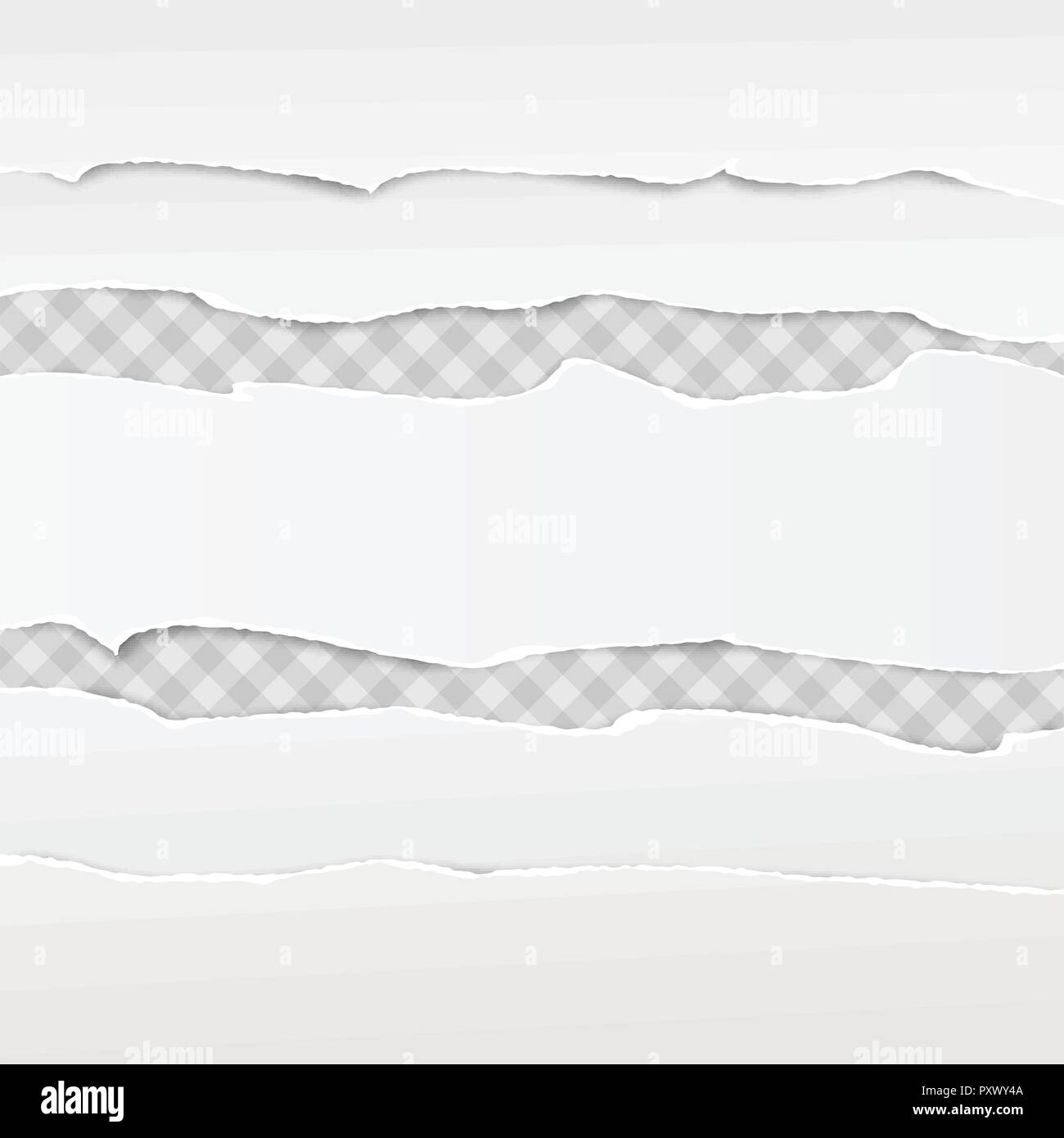 Set of white horizontal ripped paper strips, torn note paper for text ...