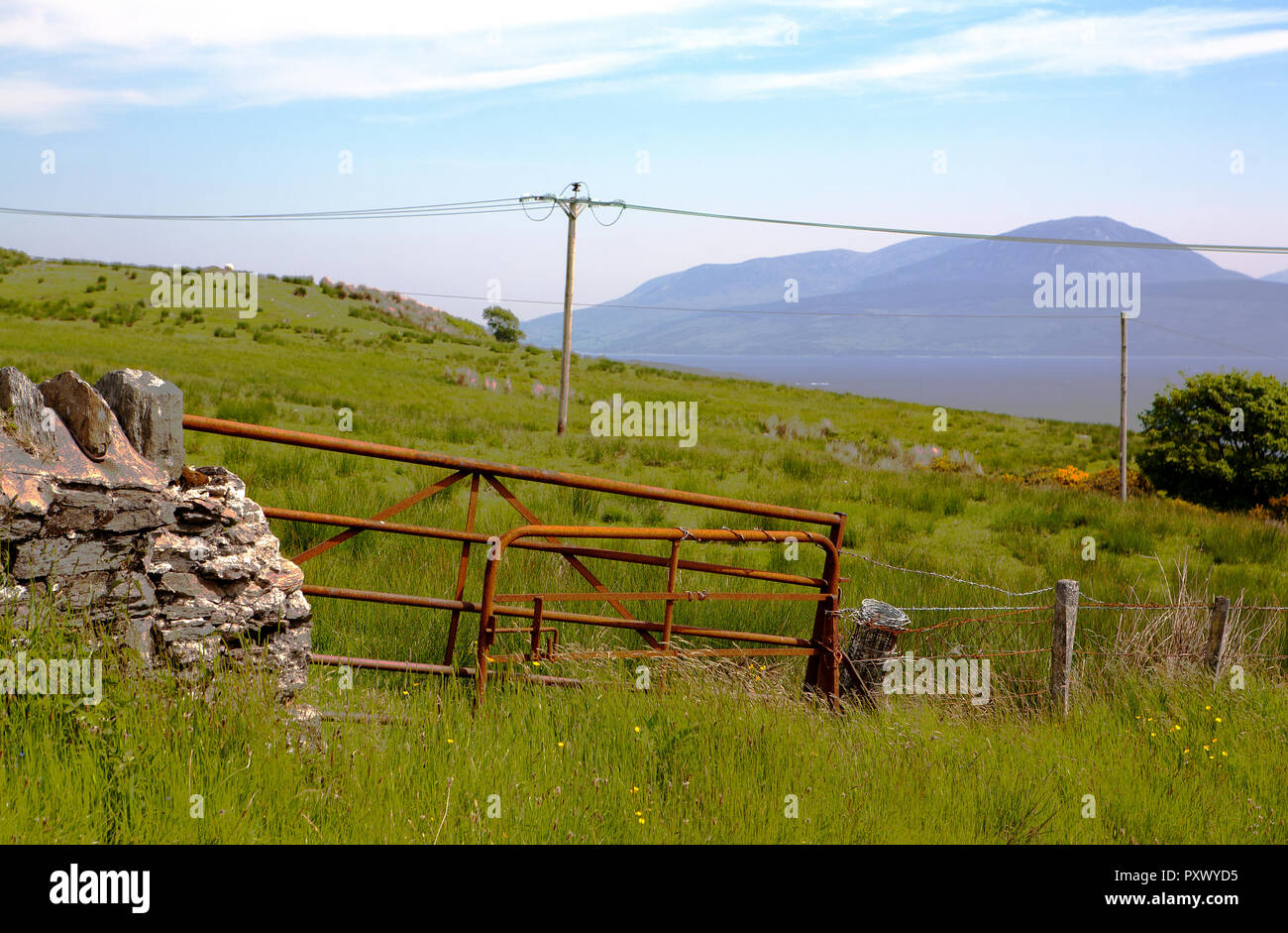 A rural Scottish scene with a rusty, red iron gate next to a dry stone ...