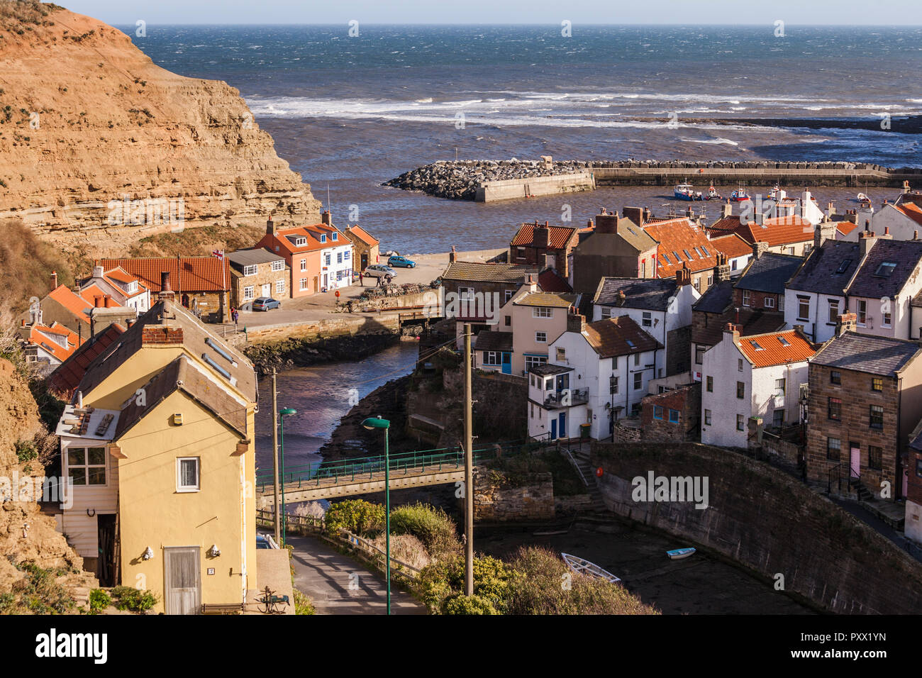 An elevated view of the village of Staithes,North Yorkshire,England,UK ...