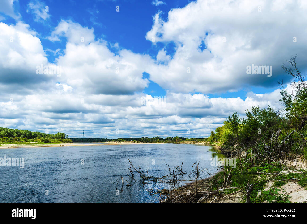 A wide river flows along a diagonal bank with a forest under an ...