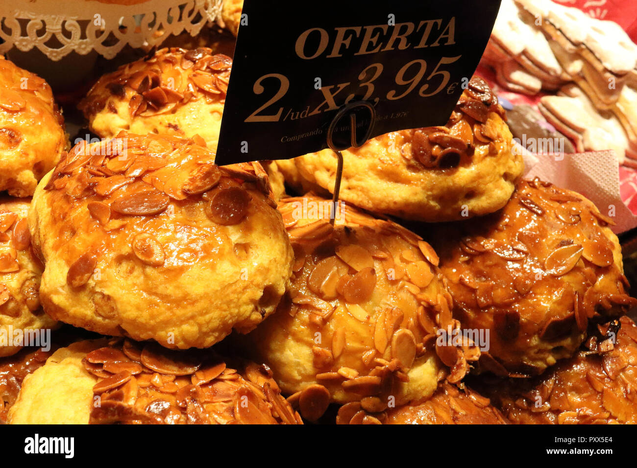A close view of typical crispy Basque pastries and sweets, in backer's ...