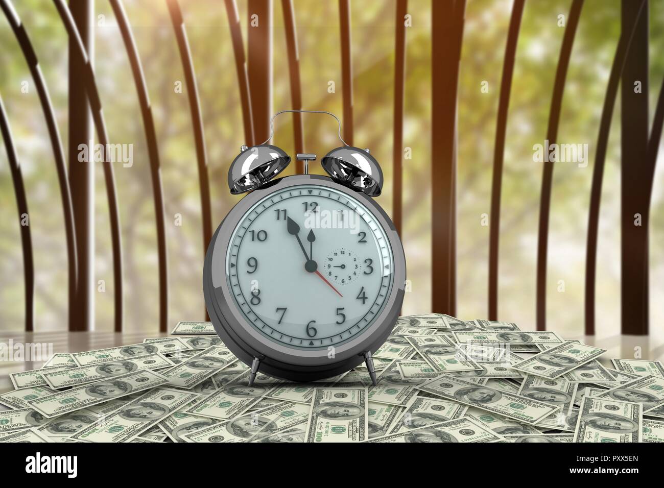 digital composite of clock on cash stack with forest background Stock ...