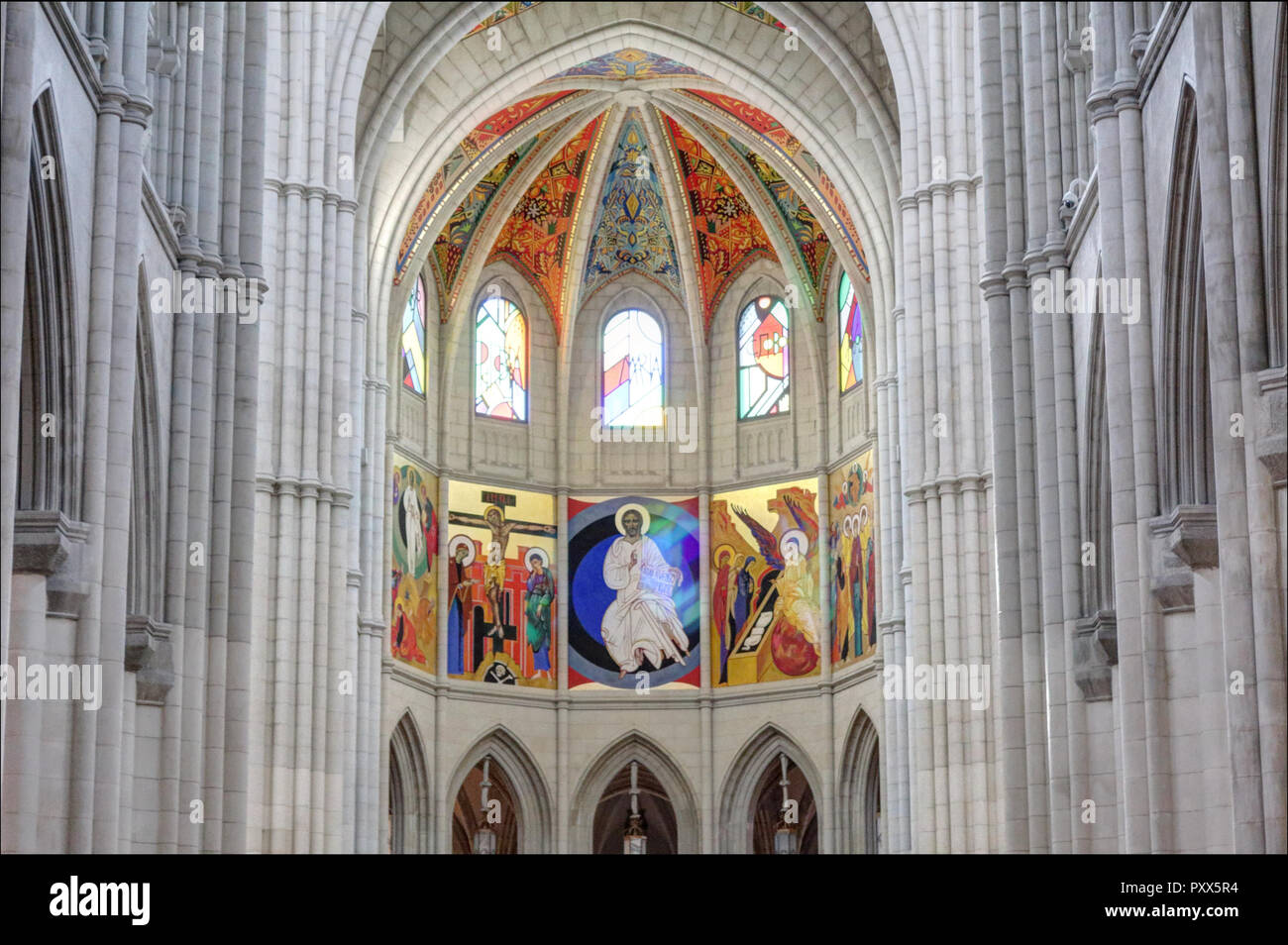 A detail of the mosaics and the glass wall inside the neoclassical, neo ...