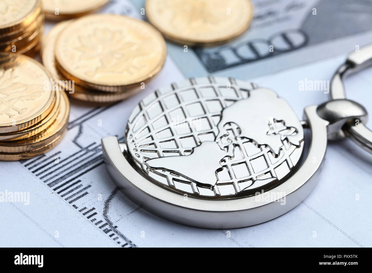 Coins, paper money and globe on white Statistic form background Stock ...