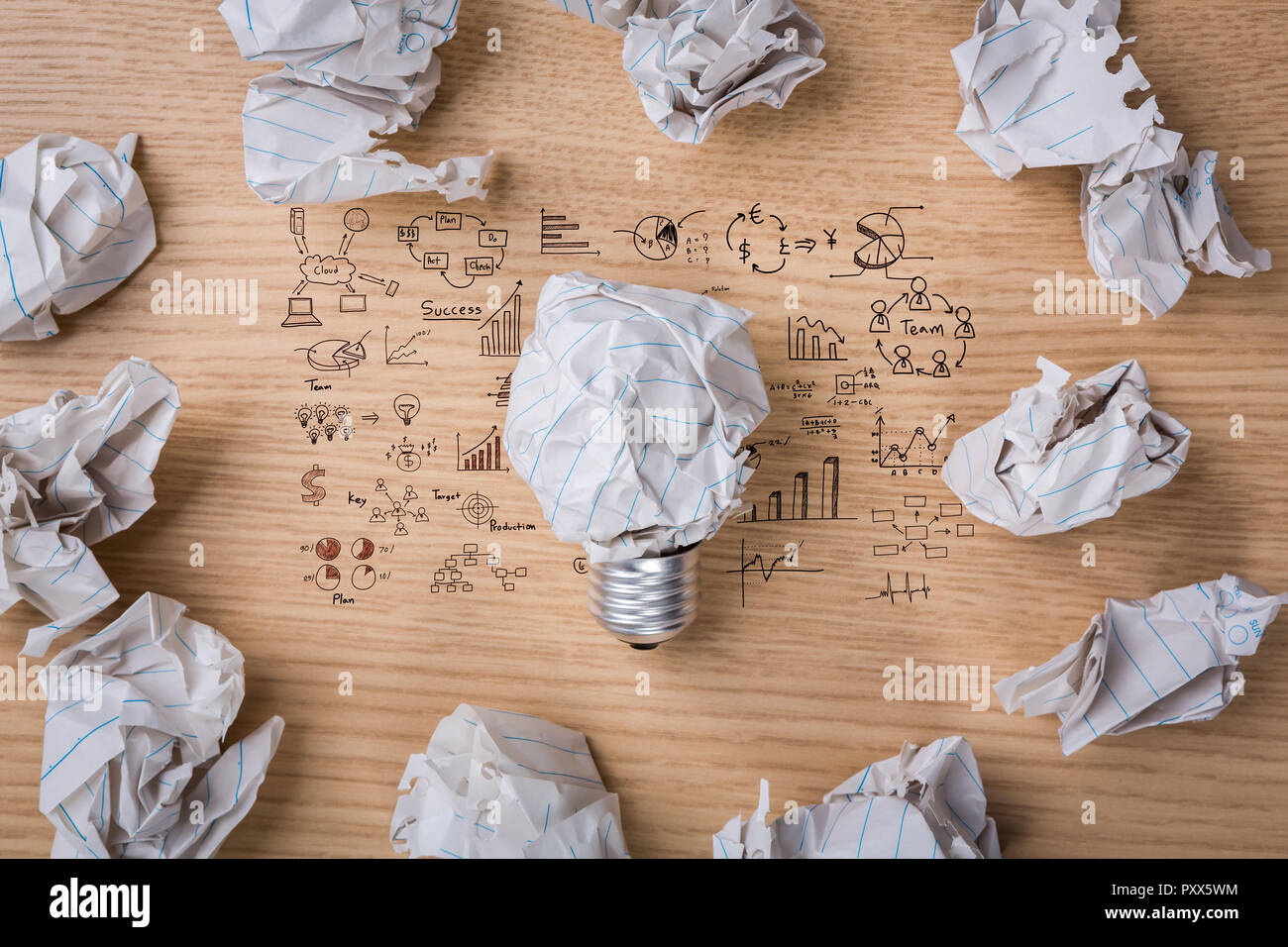 Crumpled paper Light bulb with drawing graph Stock Photo - Alamy
