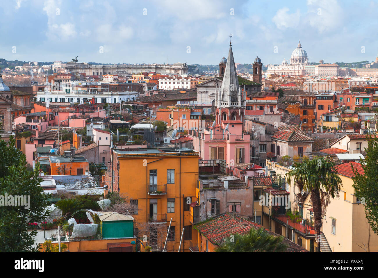 Cityscape of old Rome, Italy. Spire of All Saints Church as a dominants ...