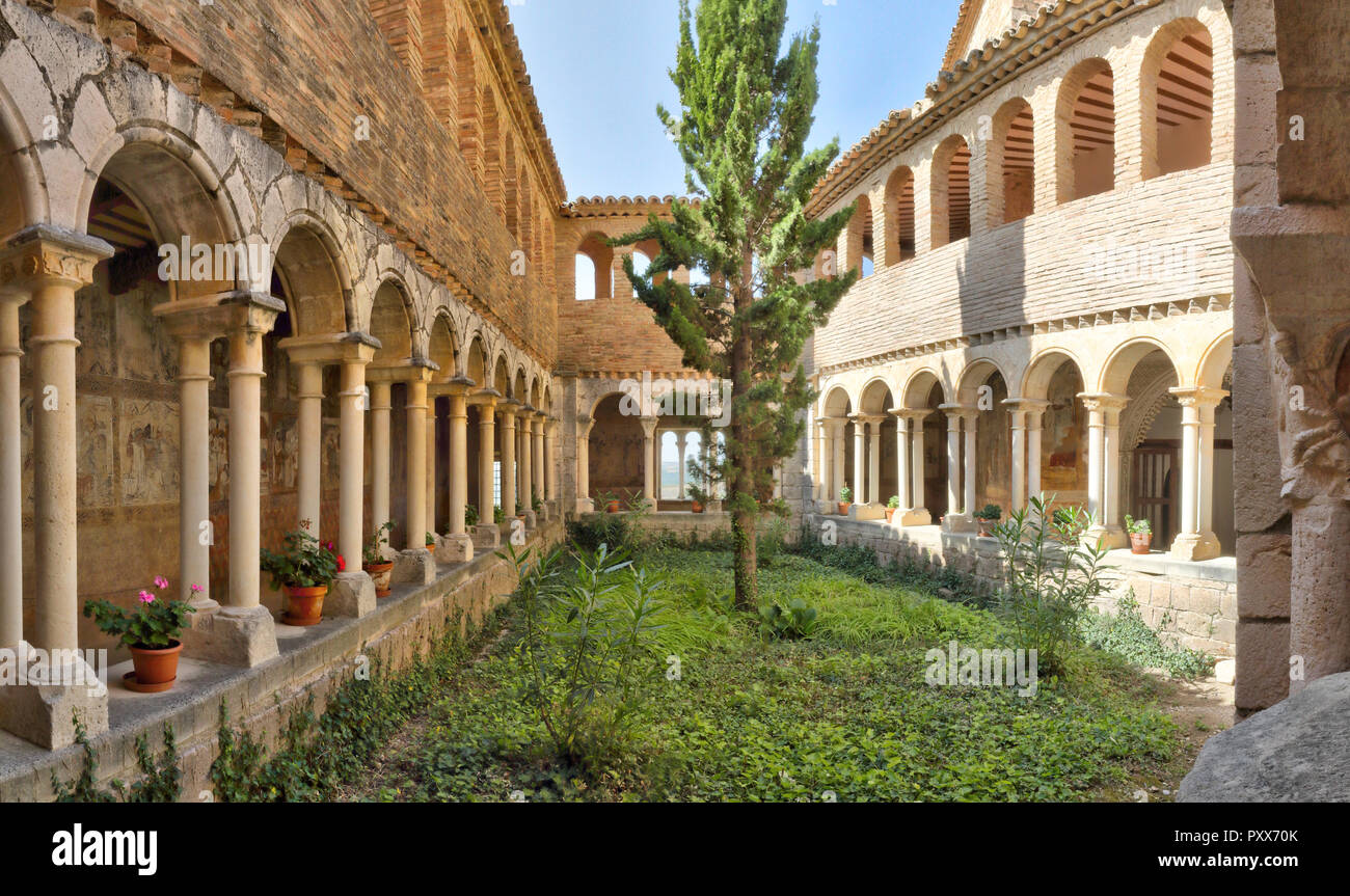 The cloister with romanesque arches, a fir tree and medieval frescos ...