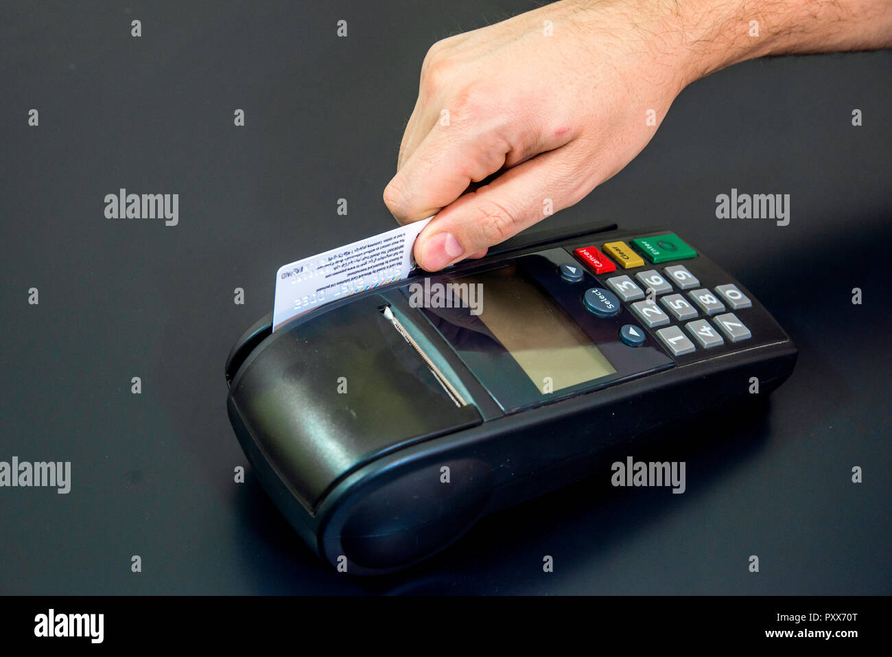 Female hand with credit card and bank terminal, Card machine or pos ...