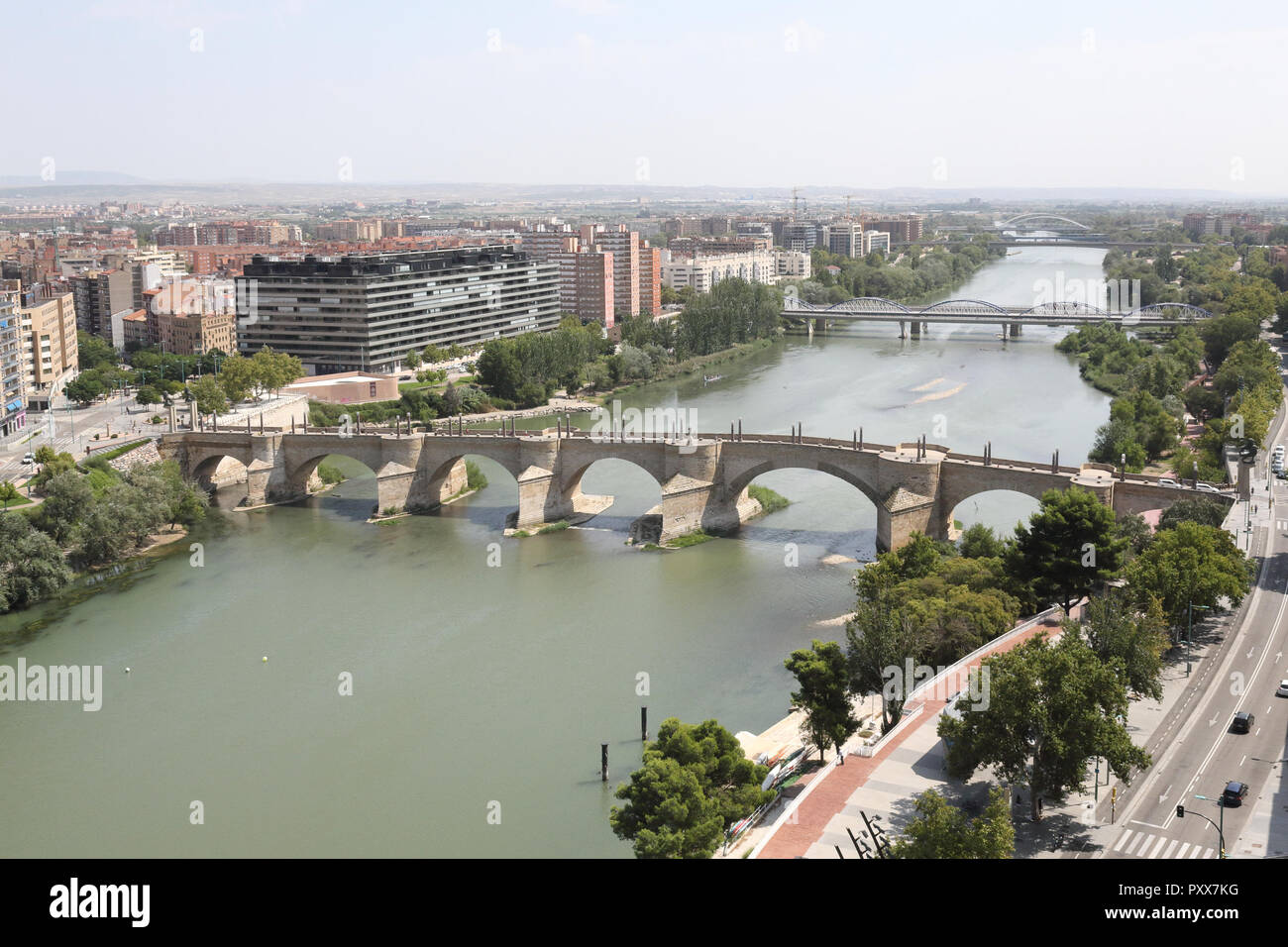 A landscape of Zaragoza city, with Ebro river shores, the Stone and ...