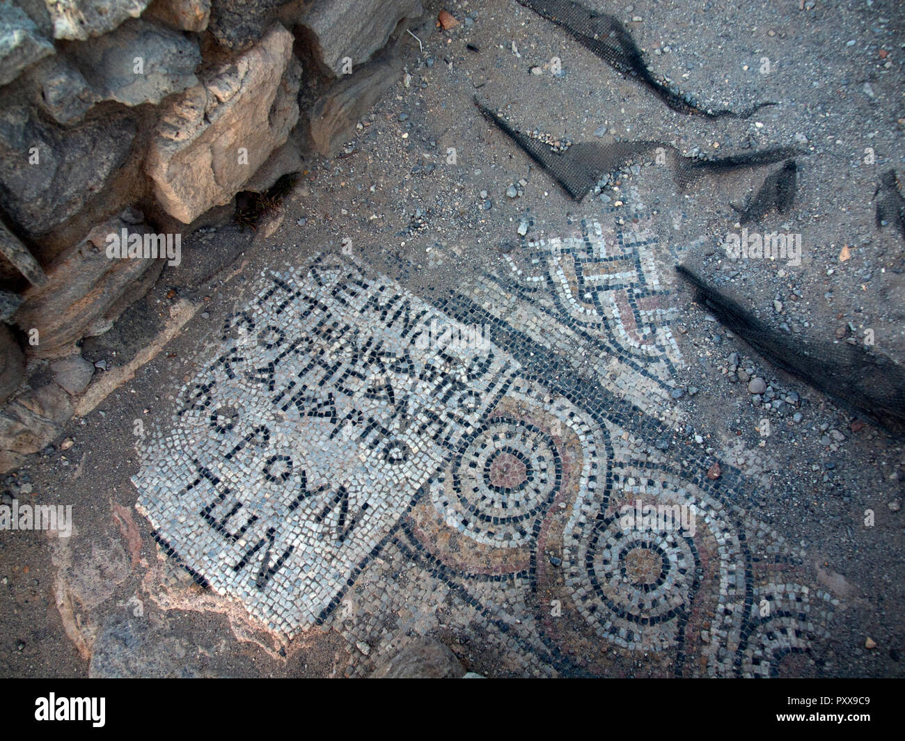 A mosaic within the remains of the Temple of Demeter on the beach at ...