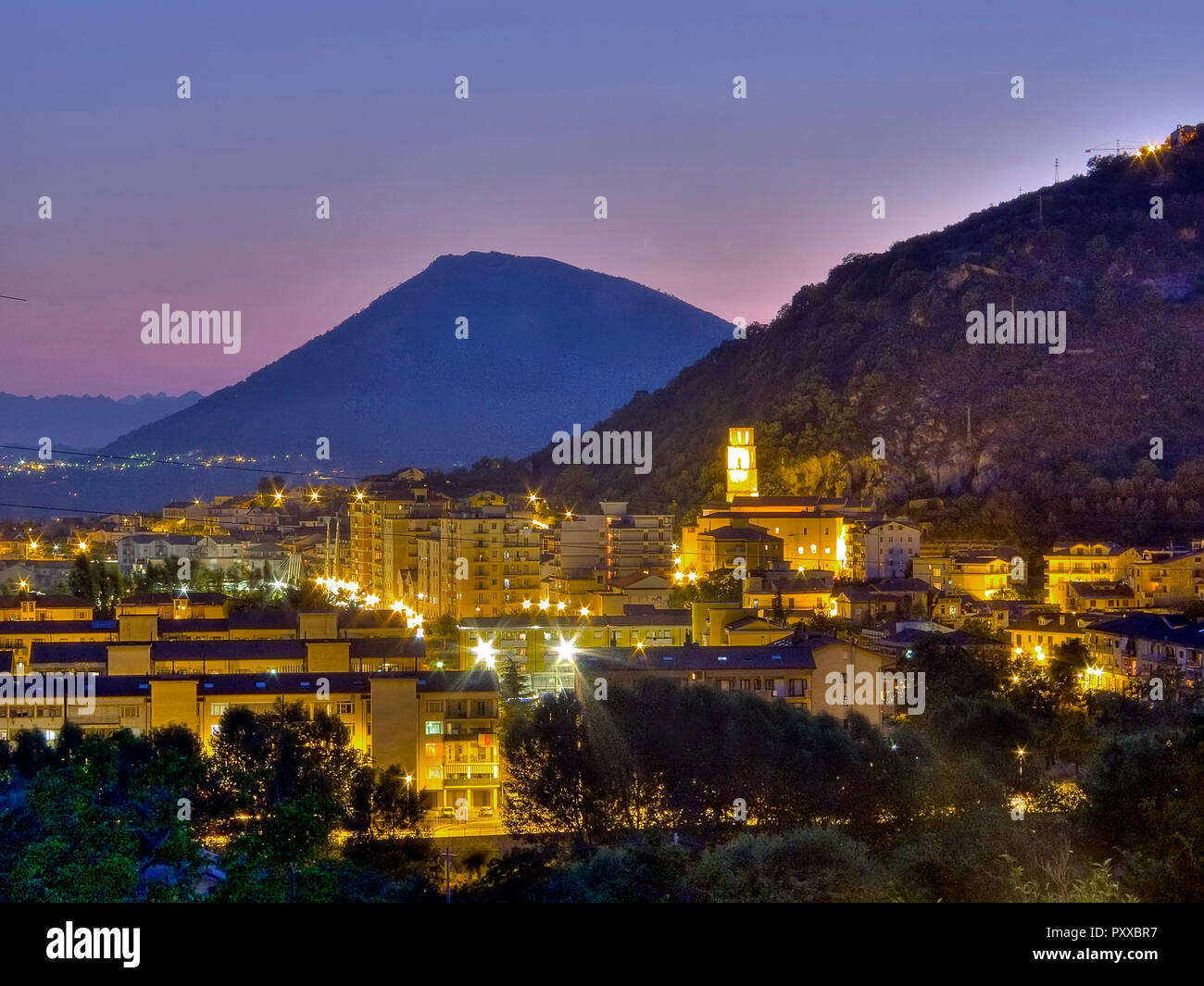 Panoramic night view of Giffoni Valle Piana, famous town for the ...