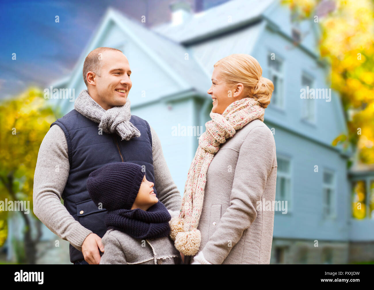 happy family over living house in autumn Stock Photo - Alamy