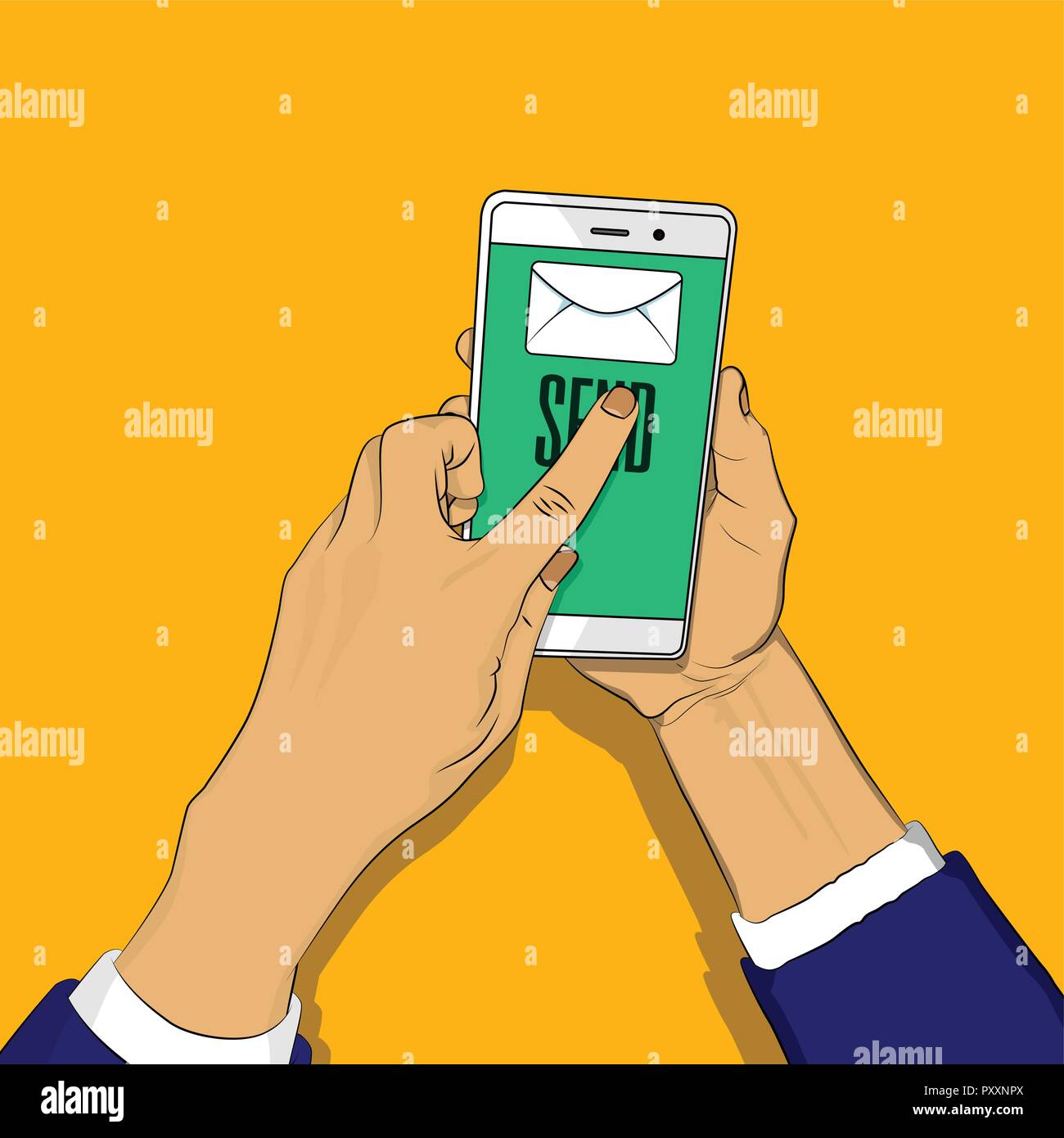 Hand holding phone with letter and send button on the screen, a finger ...