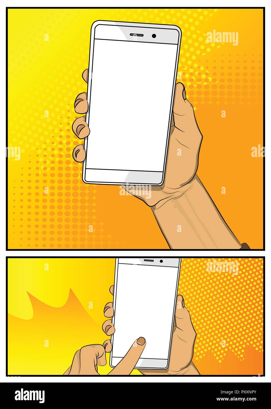 Hand holding white cellphone with white screen. Vector illustrated ...