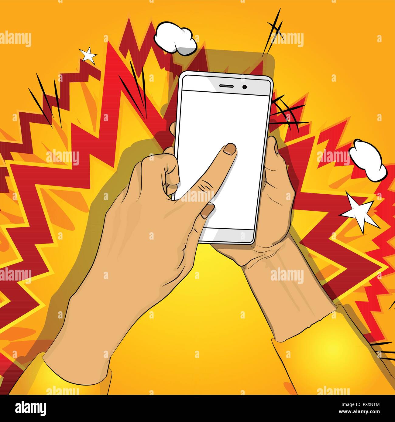 Hand holds smart phone with white screen and a finger touches the ...