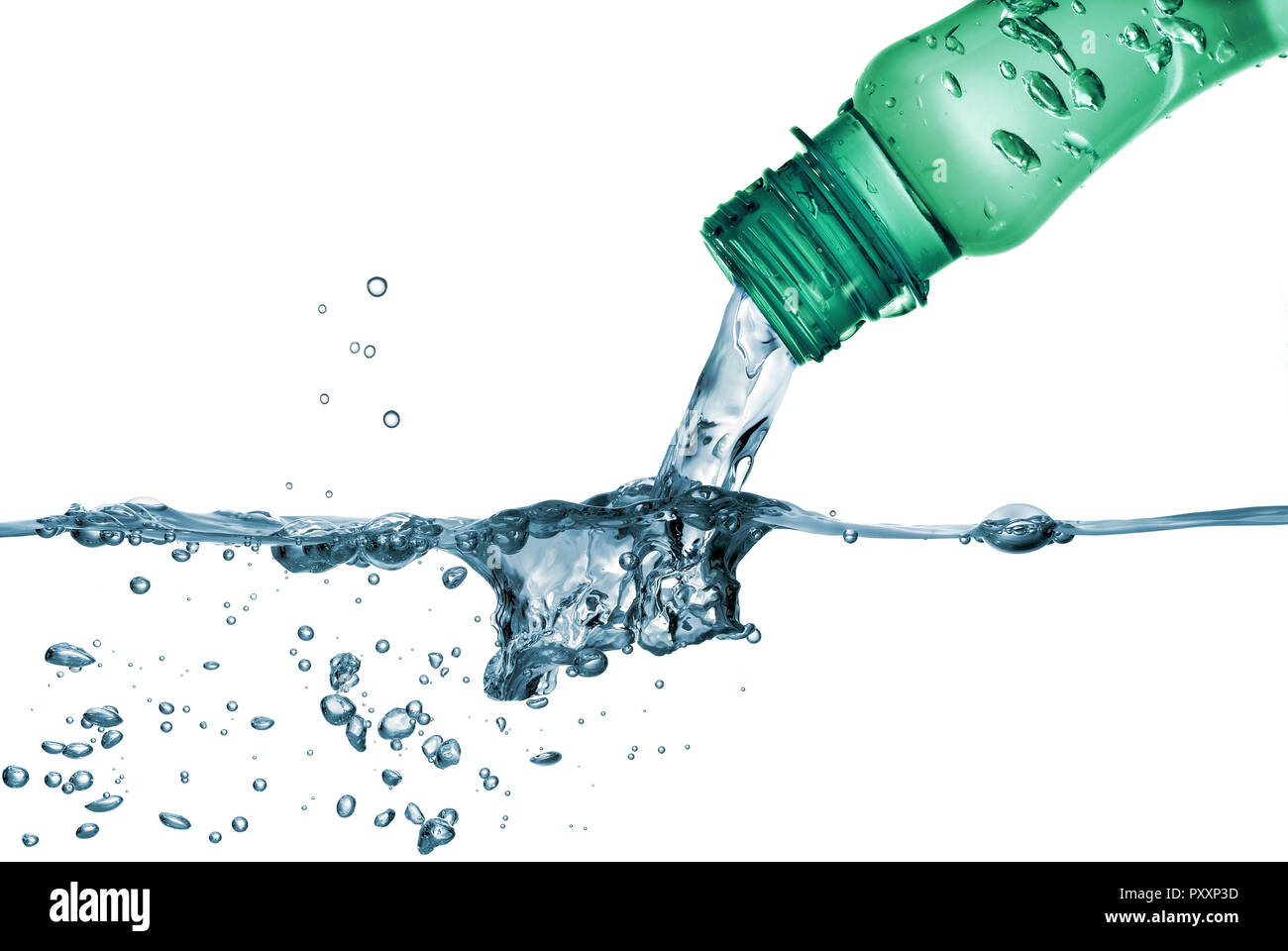 Water splash. Liquid poured into vessel. View through glass wall ...