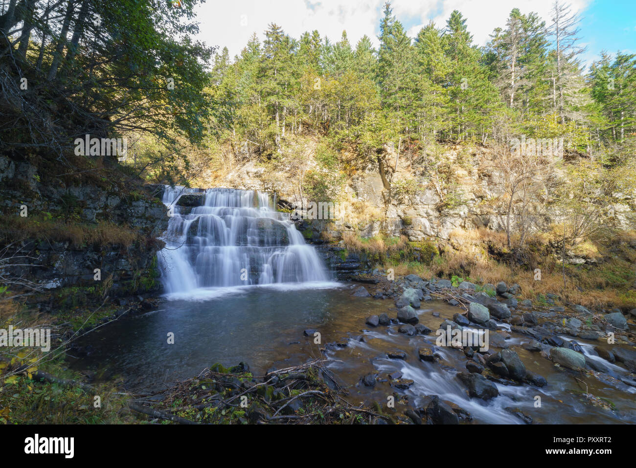 Waterfalls on the river in autumn, Sakhalin Island, Russia Stock Photo ...