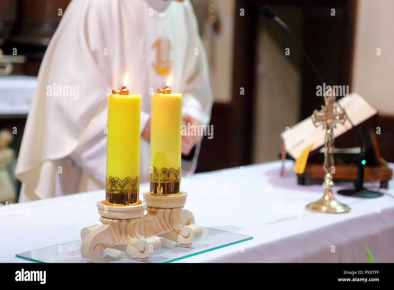 Priest celebrate mass at the church and empty place for text Stock ...