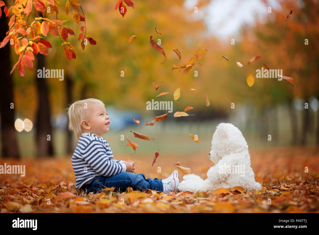 Little toddler baby boy, playing with teddy bear in the autumn park ...