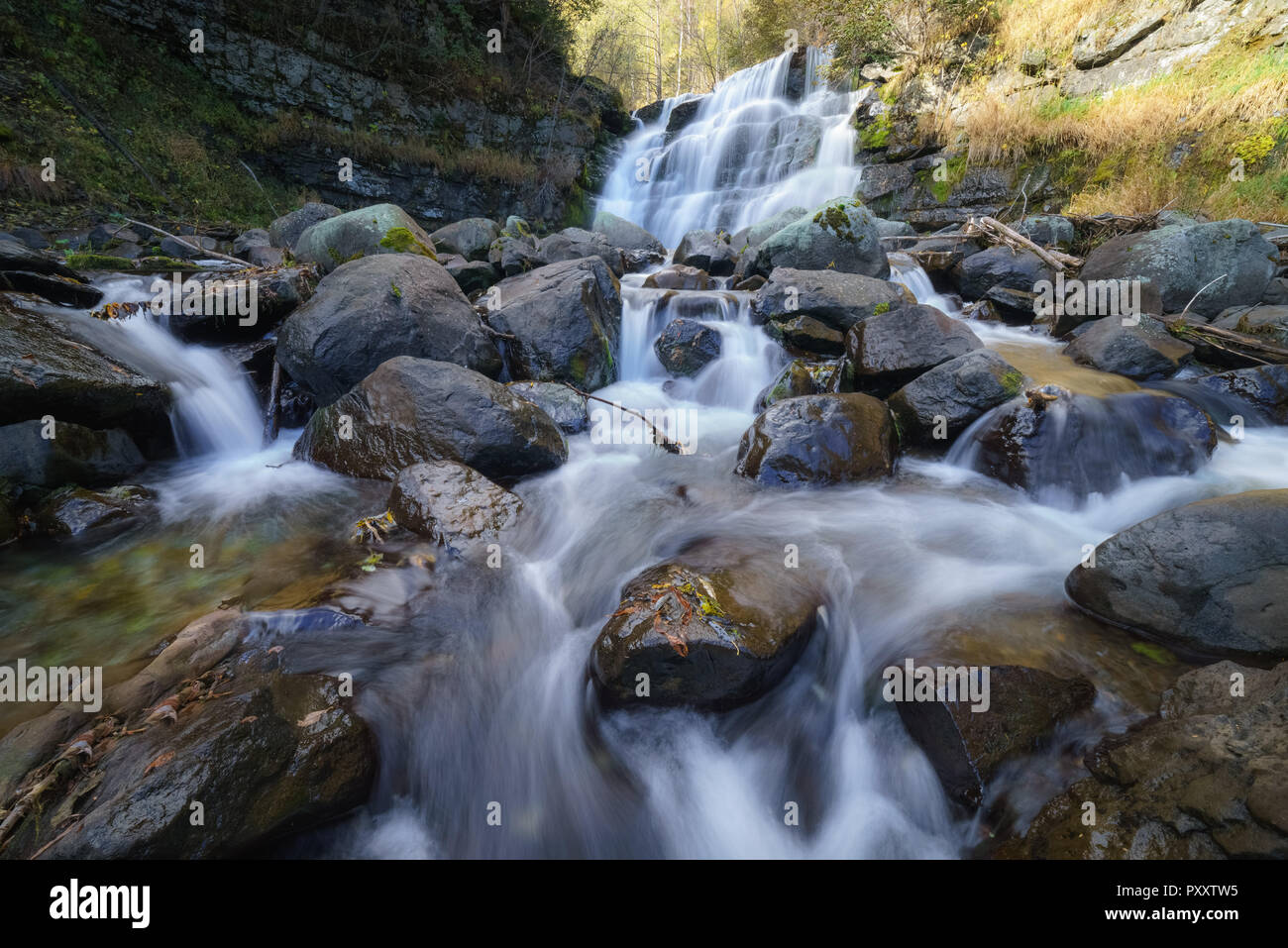 Waterfalls on the river in autumn, Sakhalin Island, Russia Stock Photo ...
