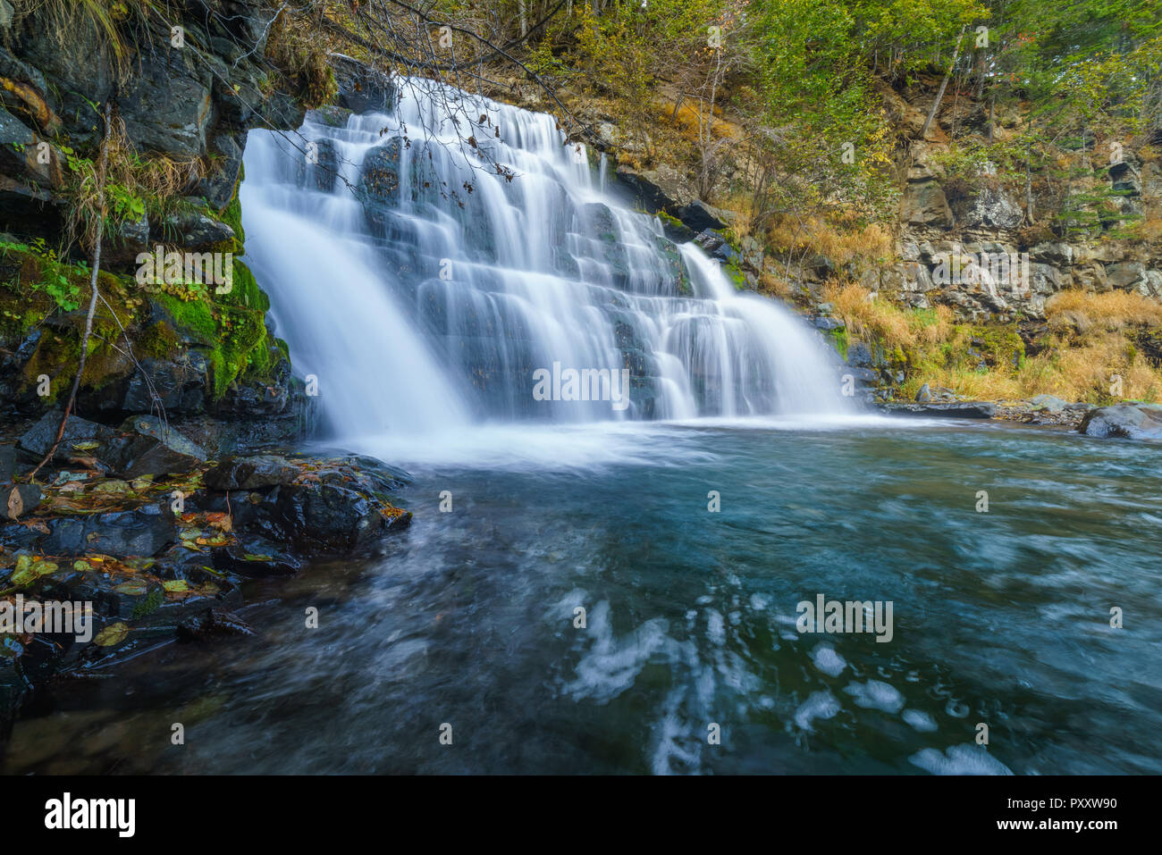 Waterfalls on the river in autumn, Sakhalin Island, Russia Stock Photo ...