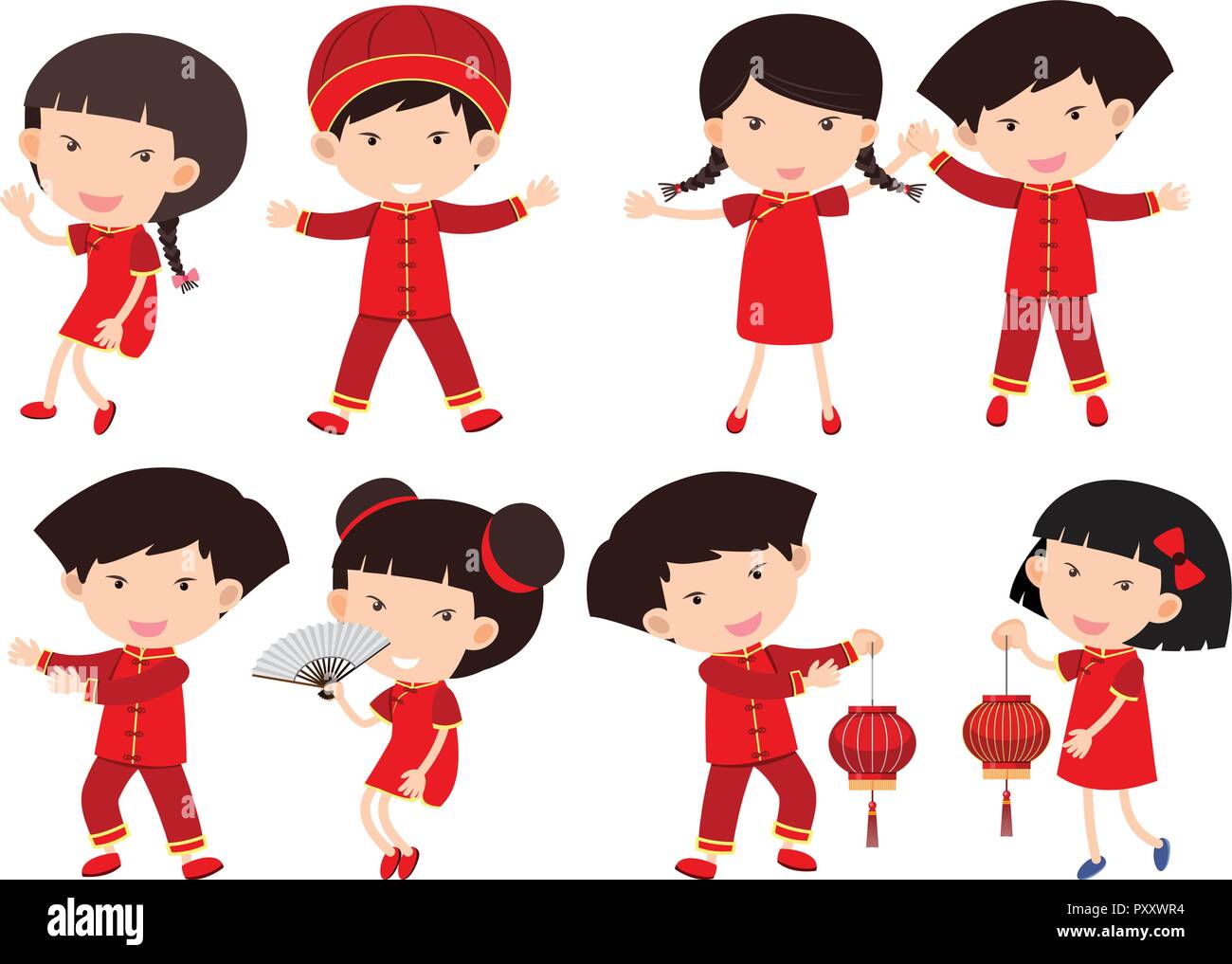 Chinese boys and girls in red outfit illustration Stock Vector Image ...