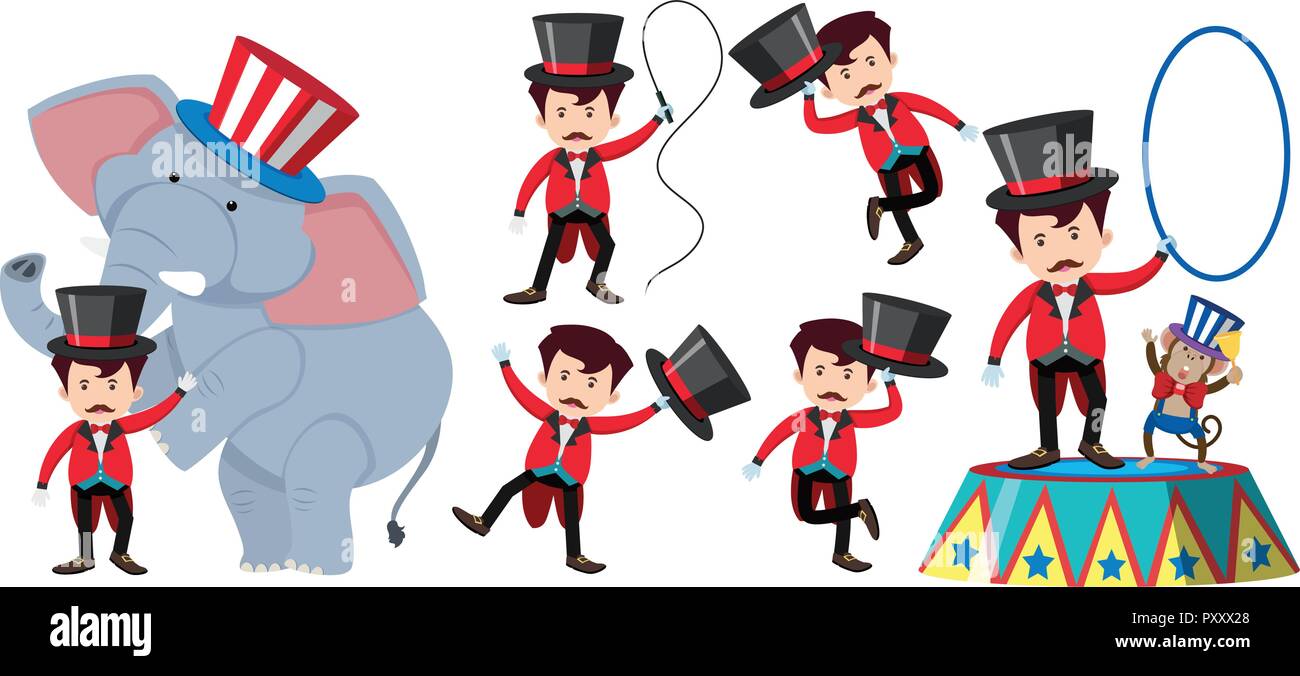 Animal trainer in the circus with elephant and monkey illustration ...