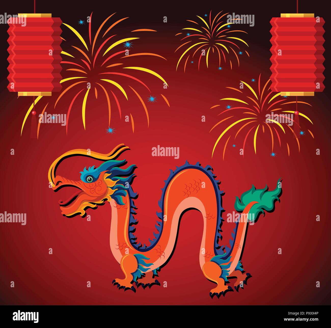 Chinese dragon and lantern with fireworks in background illustration ...