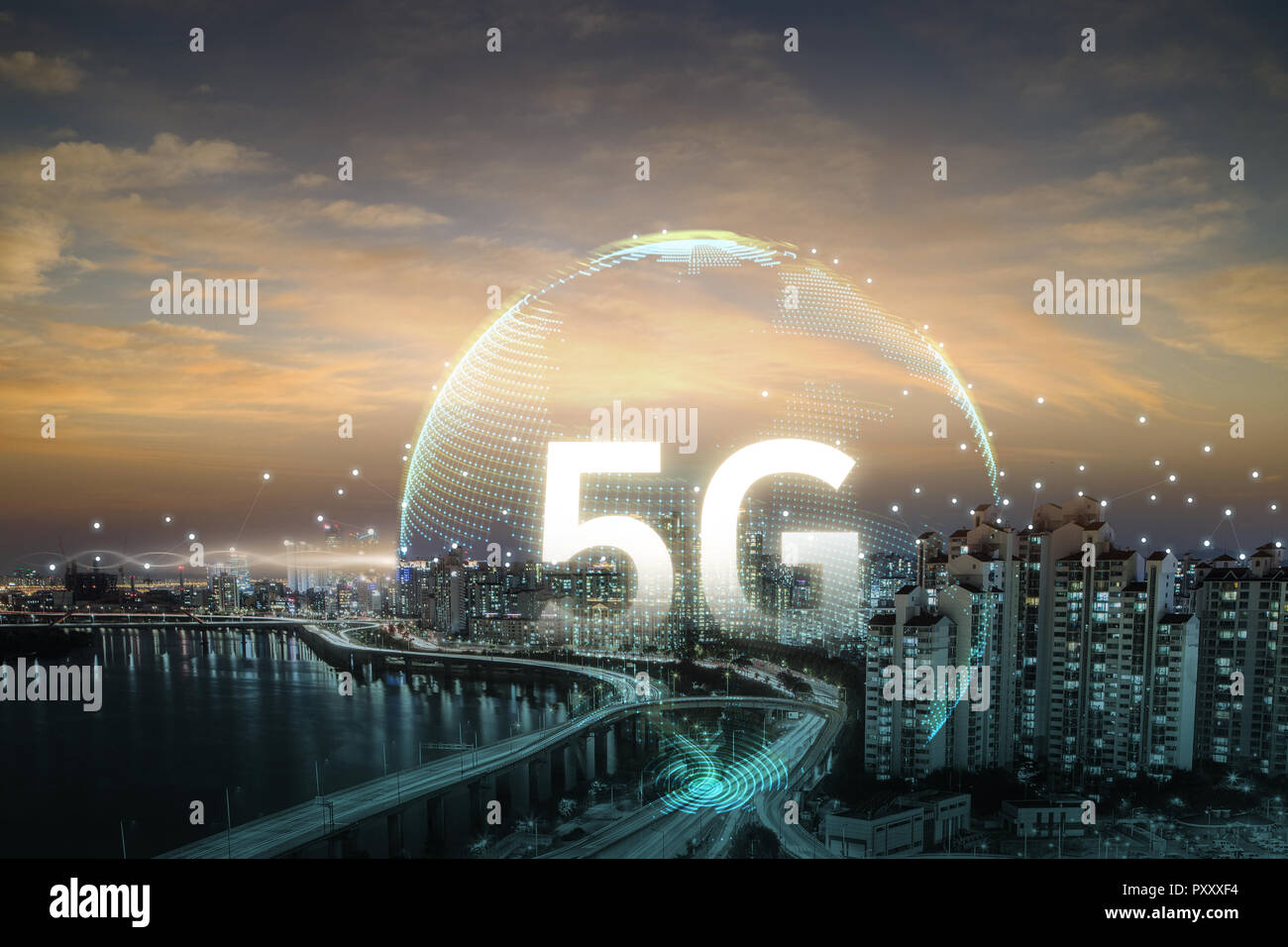 5G network interface of things with modern city skyline 3D rendering ...