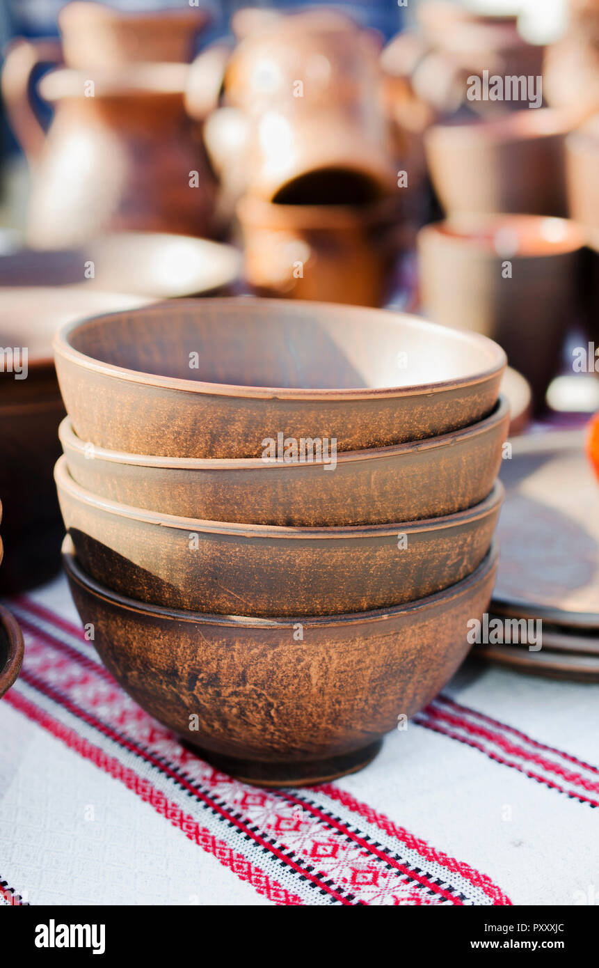 Ceramic products, traditional handmade souvenirs on the table. Crafts ...