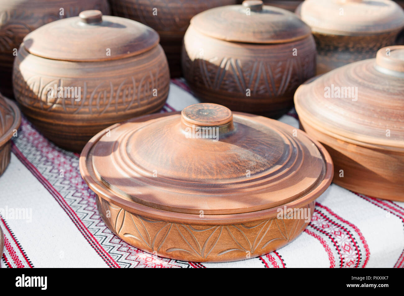 Ceramic products, traditional handmade souvenirs on the table. Crafts ...