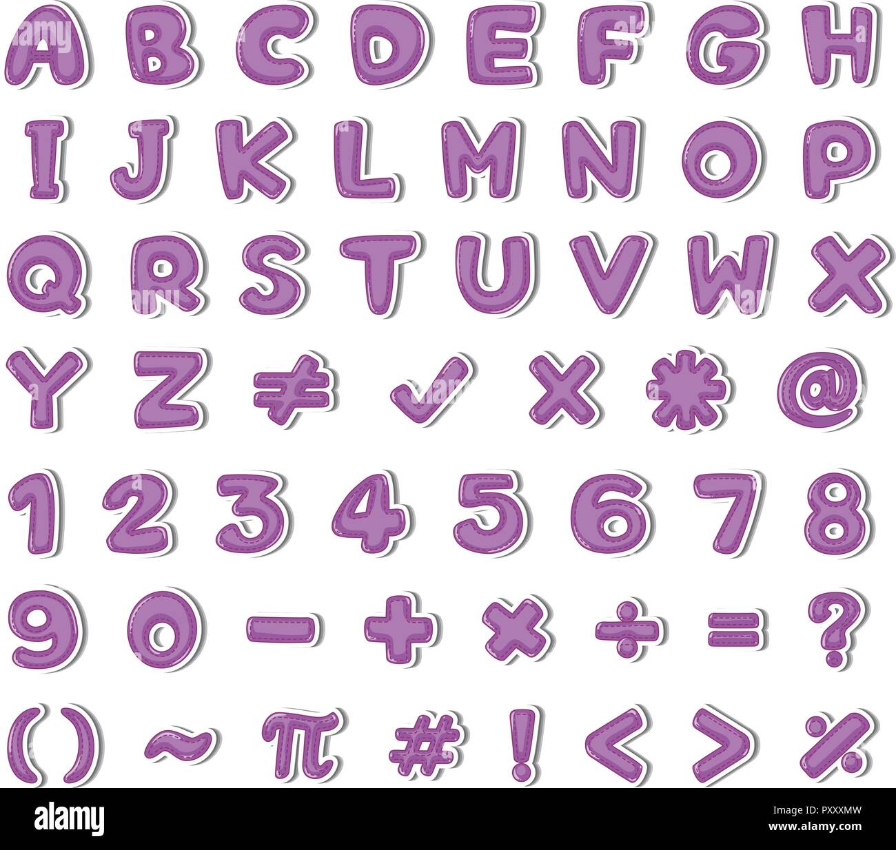 Font design for english alphabets and numbers in purple color ...
