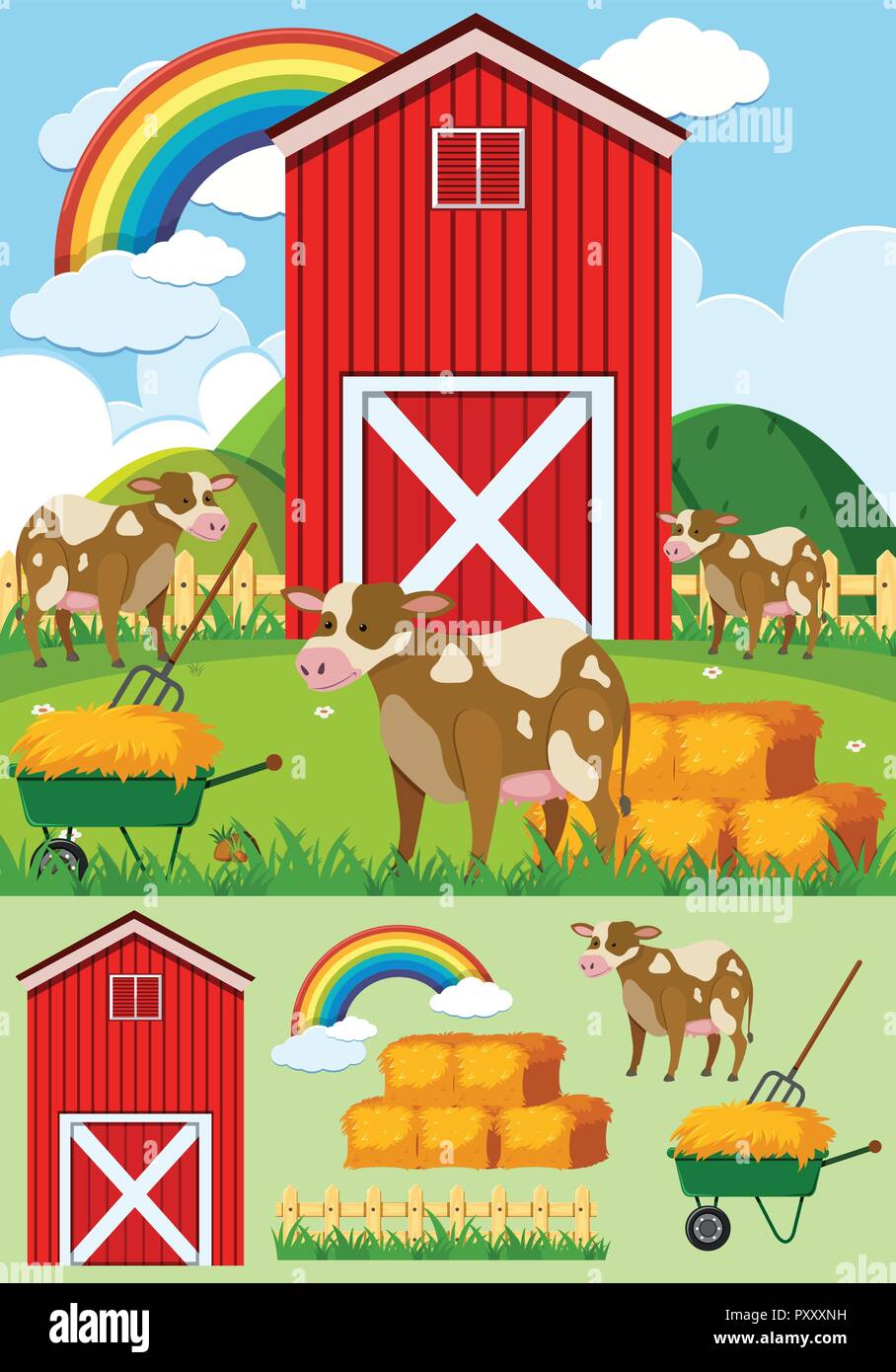 Cows and red barn in the farmyard illustration Stock Vector Image & Art ...