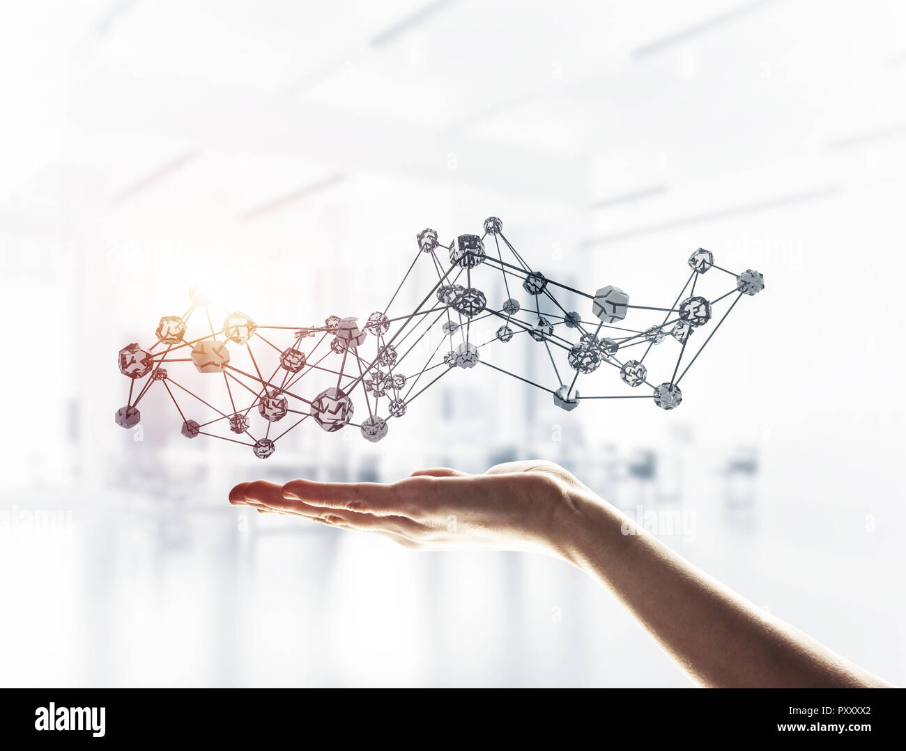 Wireless connection presented by lines and dots in human hand Stock ...