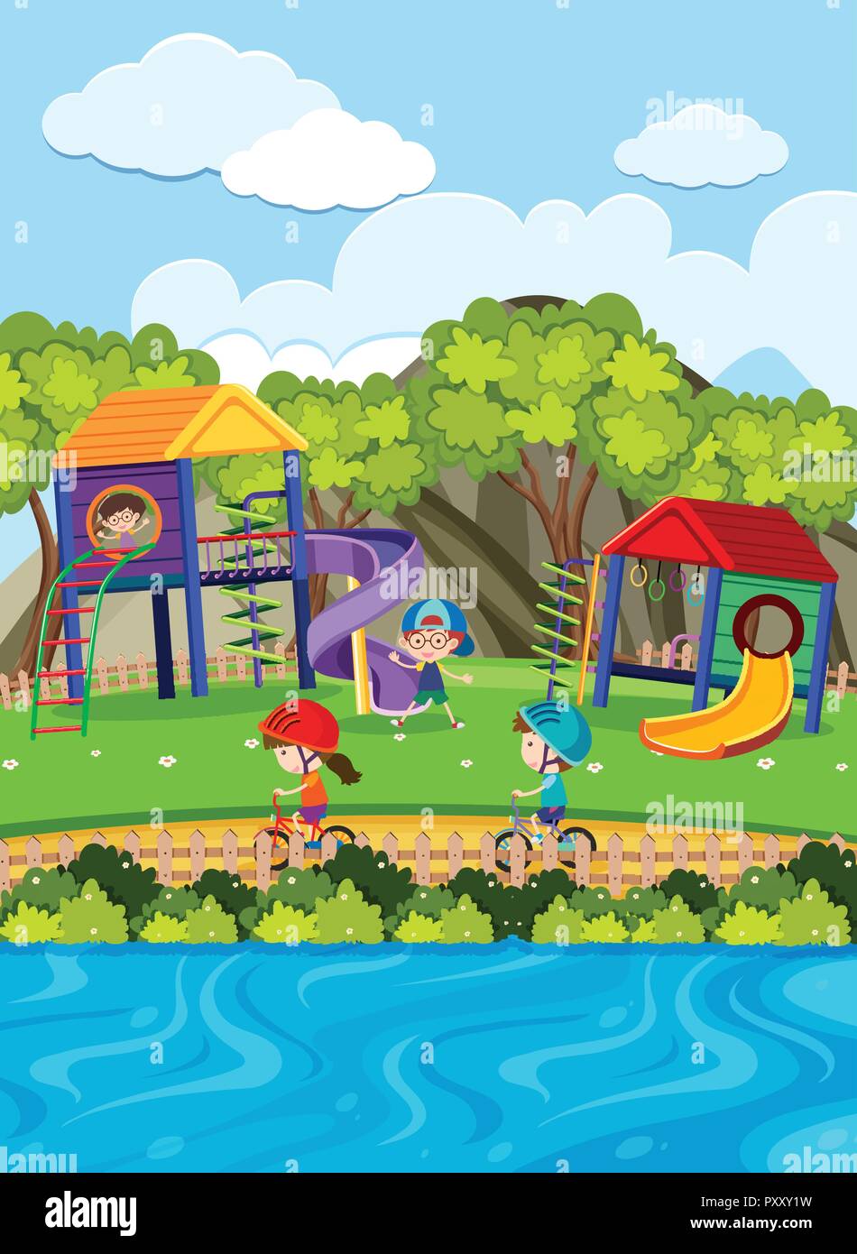 Kids playing slide and riding bike in park illustration Stock Vector ...