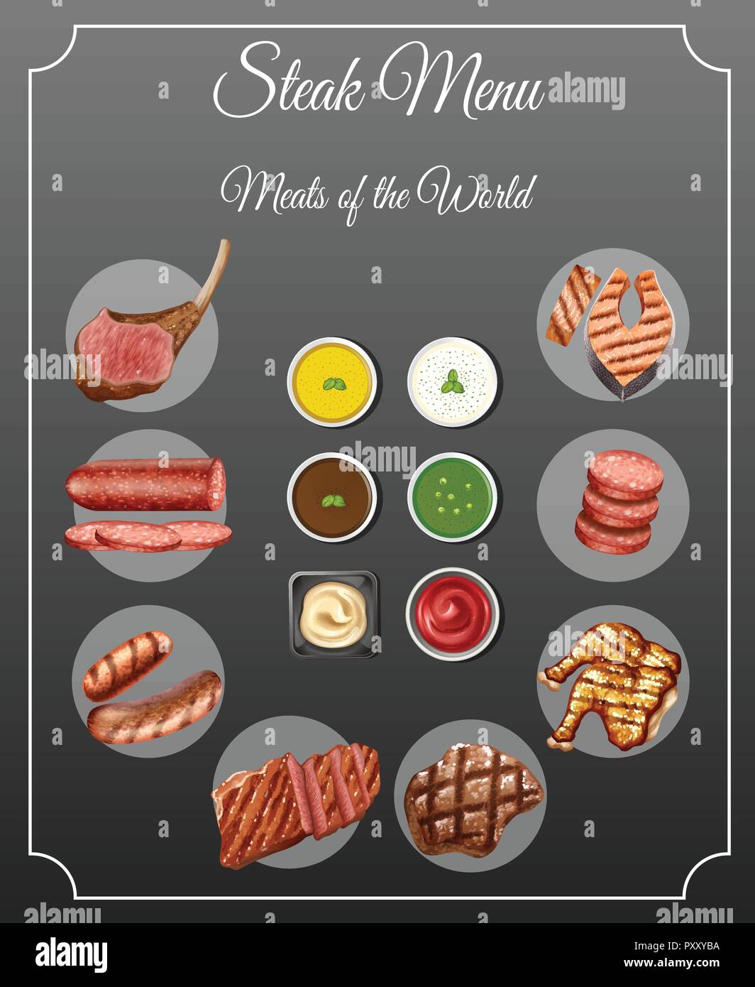 Different types of meats and sauces on steak menu illustration Stock ...
