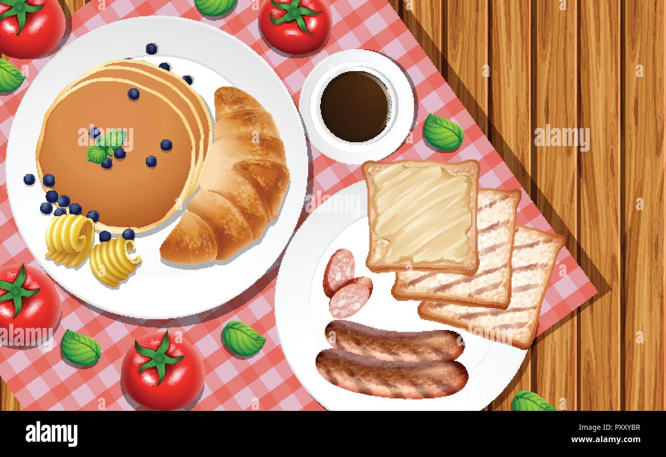 Breakfast set on wooden table illustration Stock Vector Image & Art - Alamy