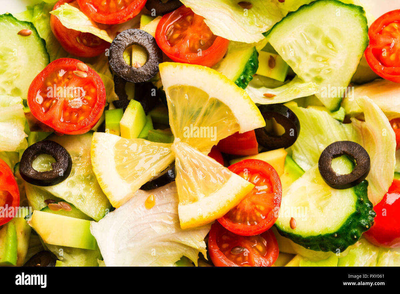 Mix green and red vegetables in salad texture background, flat aly ...