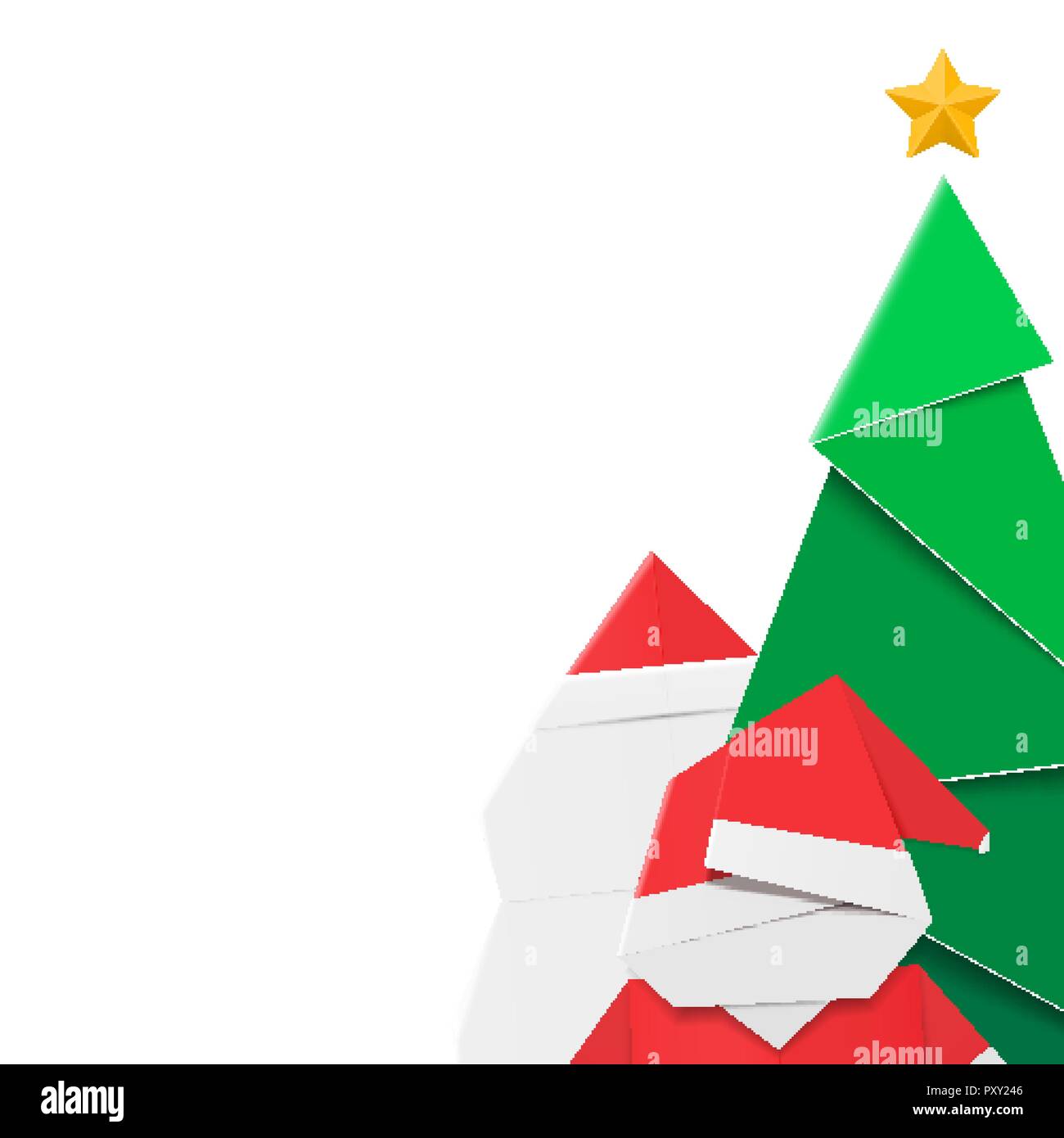 White background with winter sign origami elements: New Year tree ...