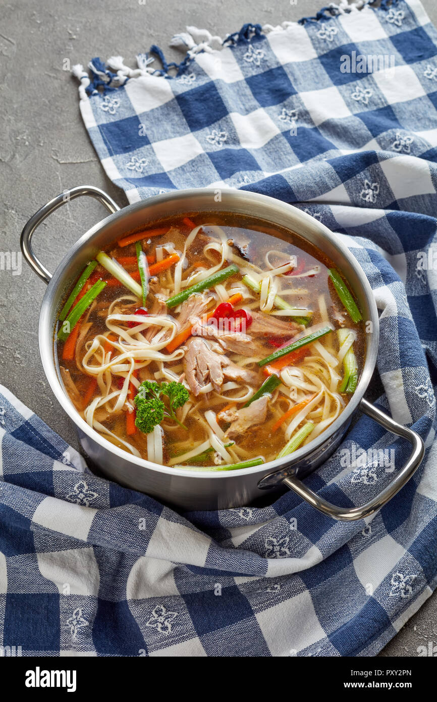 leftover peking duck udon noodle vegetables soup in a metal casserole ...