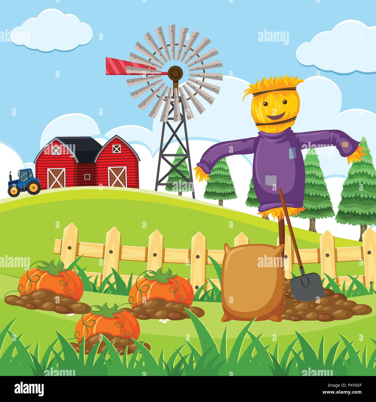 Farm scene with pumpkin patch illustration Stock Vector Image & Art - Alamy