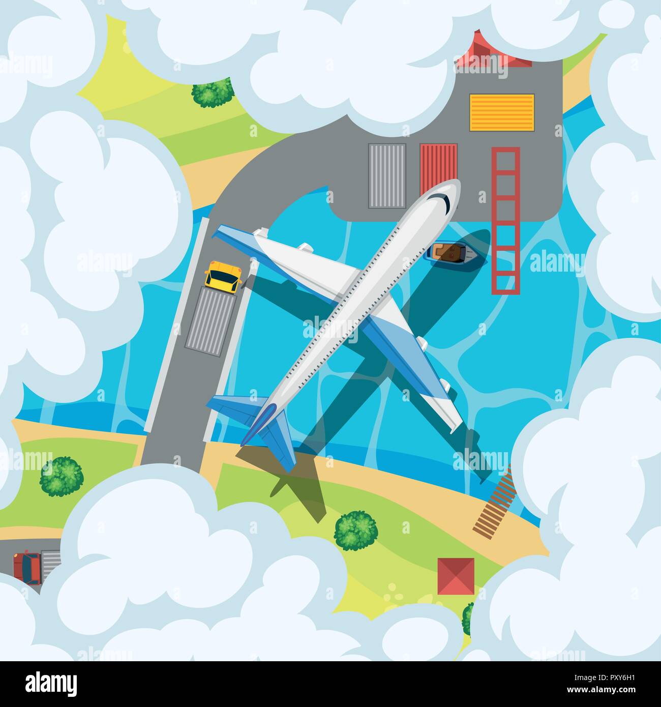 Airplane flying over river illustration Stock Vector Image & Art - Alamy