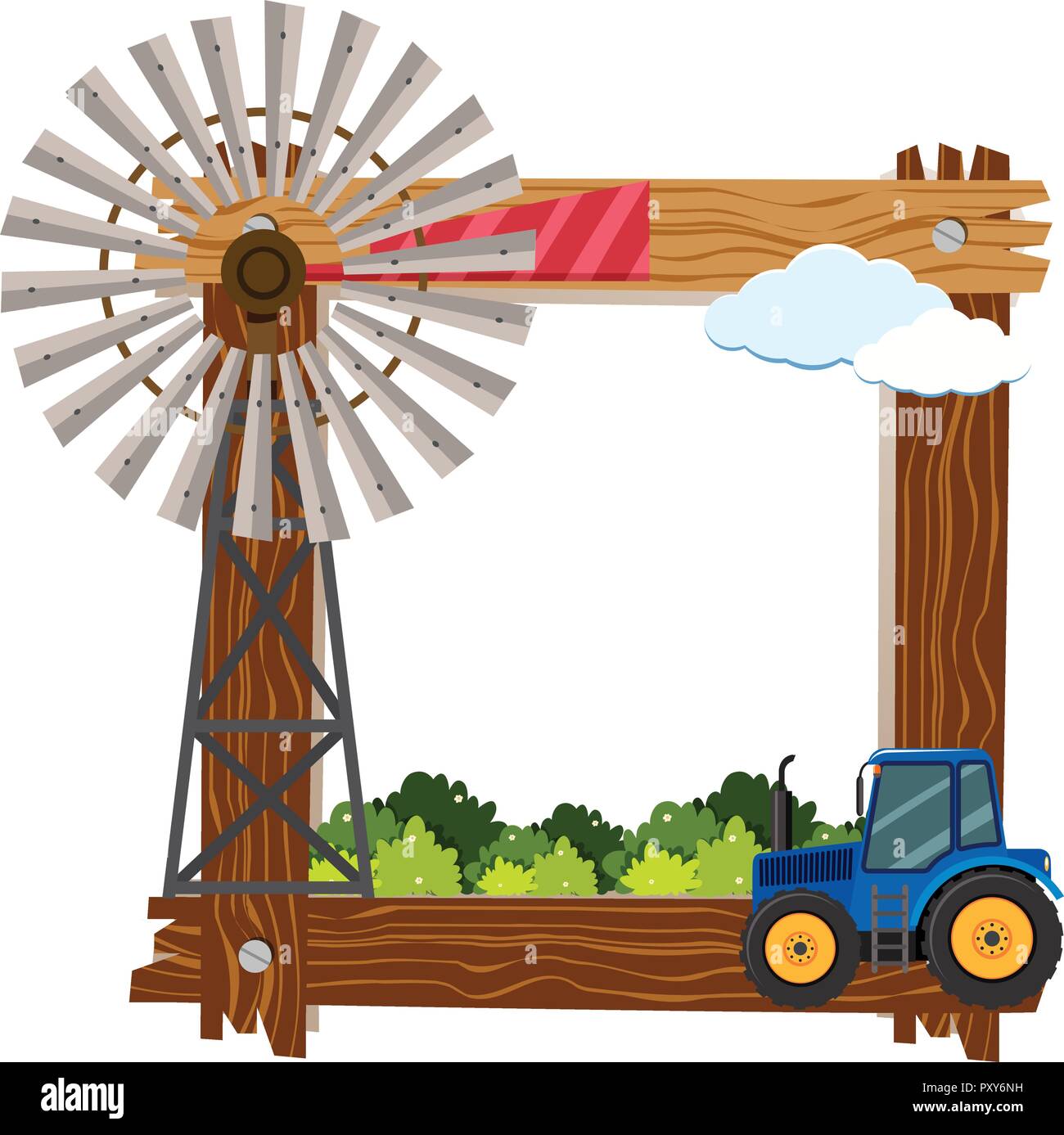 Wooden frame template with turbine and tractor illustration Stock ...