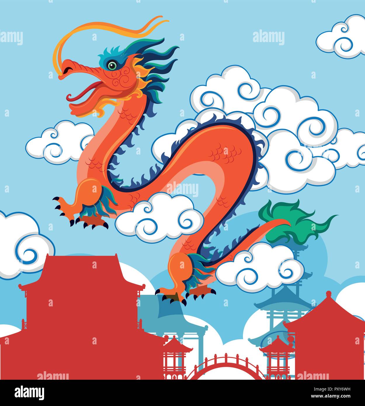 Chinese dragon flying over village illustration Stock Vector Image ...