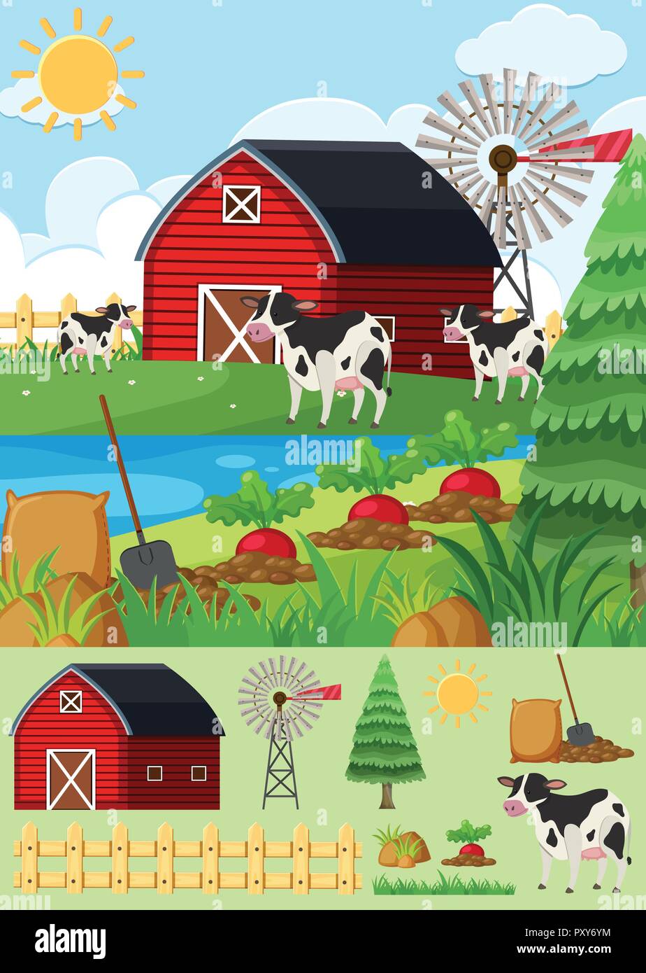 Farm scene with many cows and barn illustration Stock Vector Image ...