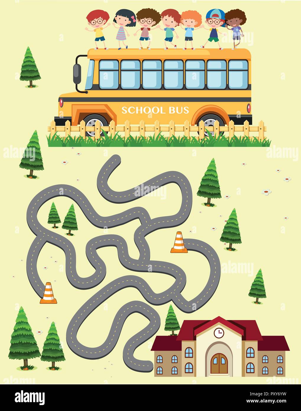Puzzle game template with kids on school bus illustration Stock Vector ...